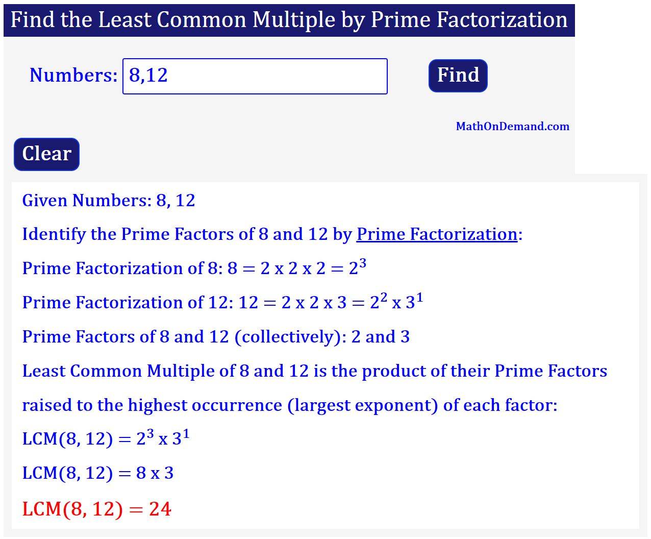 Find the Least Common Multiple by Prime Factorization - MathOnDemand.com