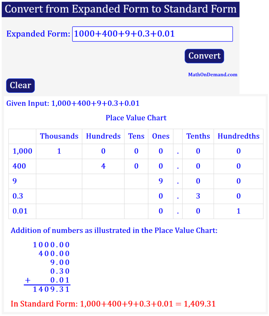 Convert from Expanded Form to Standard Form - MathOnDemand.com