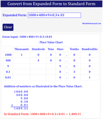 Convert from Expanded Form to Standard Form - MathOnDemand.com